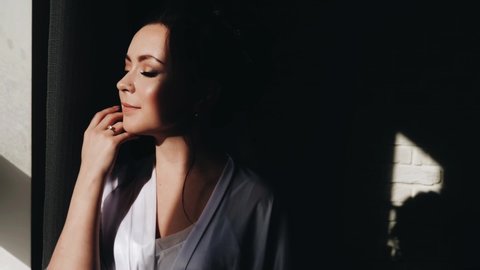 Beautiful Female Face Girl Standing Window Stock Footage Video (100% ...