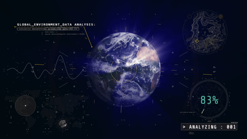 Future concept virtual touch user interface HUD with a world map, graphs, hologram and plexus ...