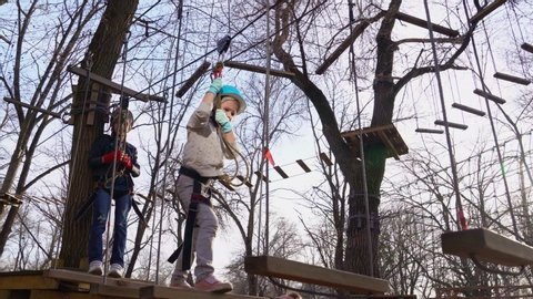 Little Girl Afraid Climb Rope Park Stock Footage Video (100% Royalty ...