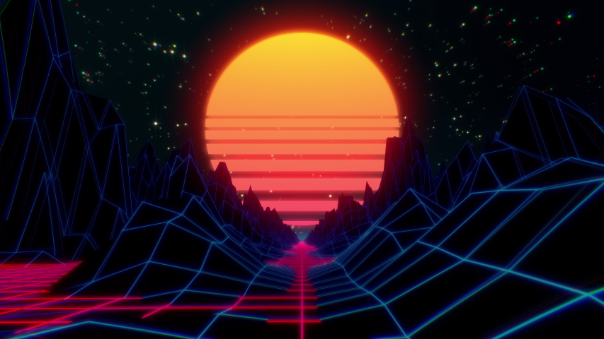 Stylized vintage 3D animation background sun and glowing stars. 80s retro futuristic sci-fi ...