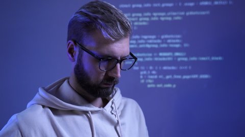 Programmer Man Beard Glasses Opens Laptop Stock Footage Video (100% ...