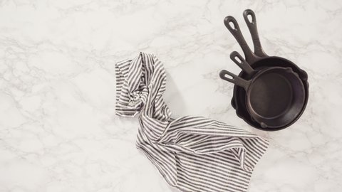 Flat Lay Cast Iron Frying Pans Stock Footage Video (100% Royalty-free ...