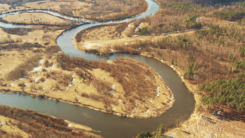 aerial view curved river early spring Stock Footage Video (100% Royalty ...