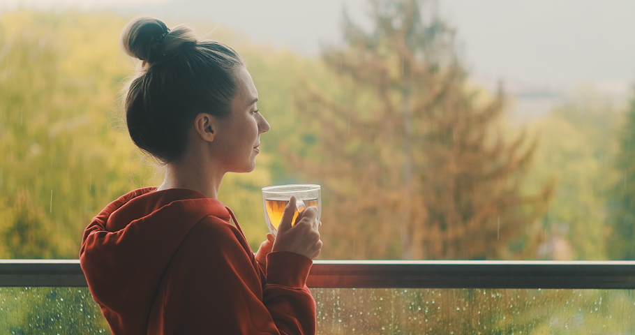 woman drinks tea relax on terrace Stock Footage Video (100% Royalty ...