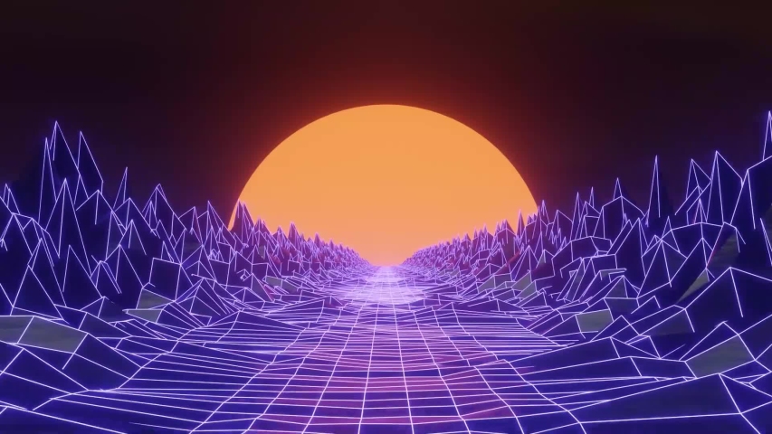 80s Retro Background Animation. Retro wave and synthwave digital landscape with neon lights, sun ...