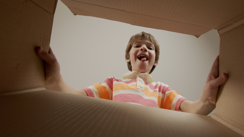 Boy Opens Cardboard Box. Inside : vidéo de stock (100 % libre de droit ...