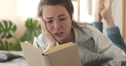 Sad Woman Crying While Reading Book Stock Footage Video (100% Royalty ...