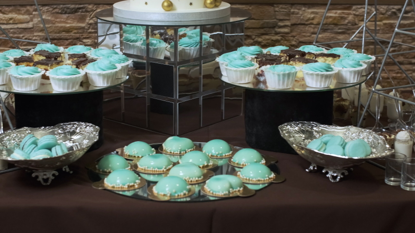 beautiful buffet many sweet turquoise snacks Stock Footage Video (100% ...