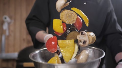 Close Chef Throws Vegetables Slow Motion Stock Footage Video (100% ...