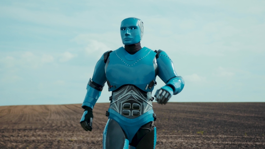 Cyber droid prototype humanoid walking at night near wind station ...