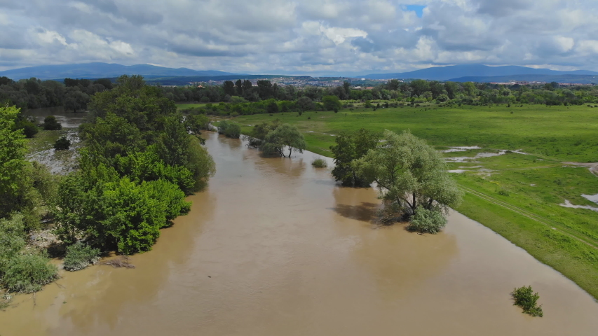 Aerial view flooded road heavy rain flooding taken during drone flight ...