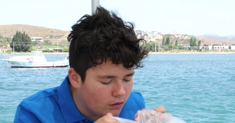 Young Boy Having Nausea Seasickness During Stock Footage Video (100% ...