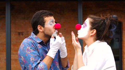 Two Funny Clowns Kissing Pantomime Mimes Stock Footage Video (100% ...