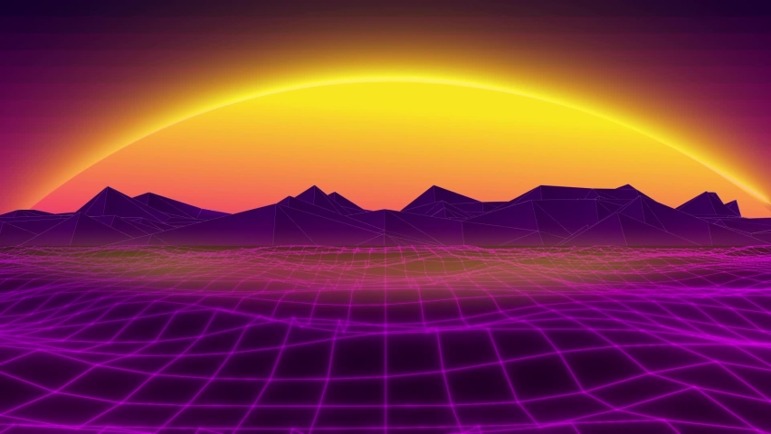 Synthwave wireframe net 80s. Retro futurism background. 3d illustration render seamless loop ...