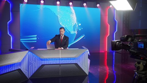 Live News Studio Professional Male Newscaster Stock Footage Video (100% ...