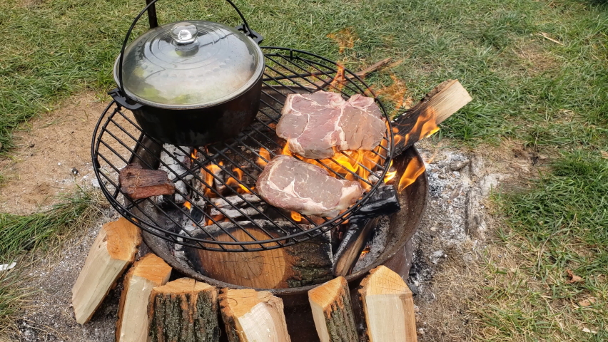 grilling beef steaks over fire pit Stock Footage Video (100% Royalty ...