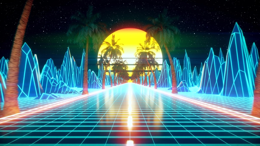 80s retro futuristic sci-fi background. Retrowave VJ videogame landscape with neon lights and ...