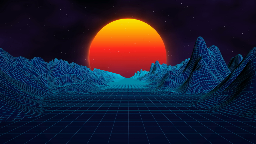 Glowing neon, synthwave and retrowave sun. 80s style, Retro Futurism Background. VHS intro ...