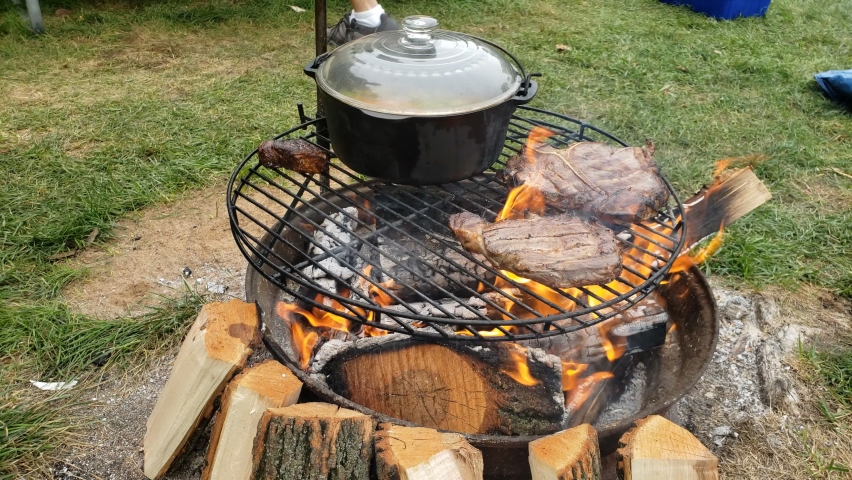 grilling beef steaks over fire pit Stock Footage Video (100% Royalty ...