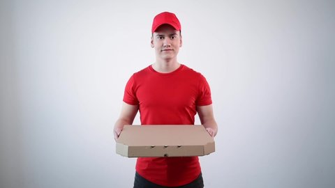 Pizza Deliveryman Young Guy Uniform Gives Stock Footage Video (100% ...