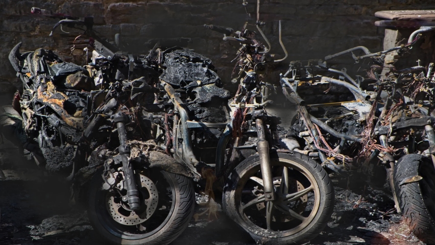 Closeup Motorcycles Destroyed By Fire Vandalism Stock Footage Video ...