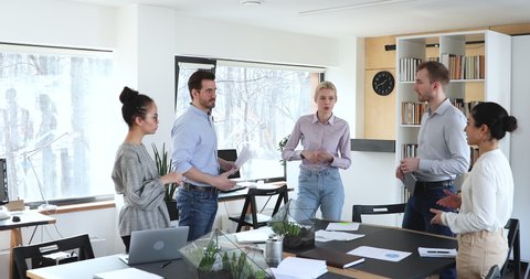 Confident Multiethnic Staff Gather Briefing Group Stock Footage Video ...