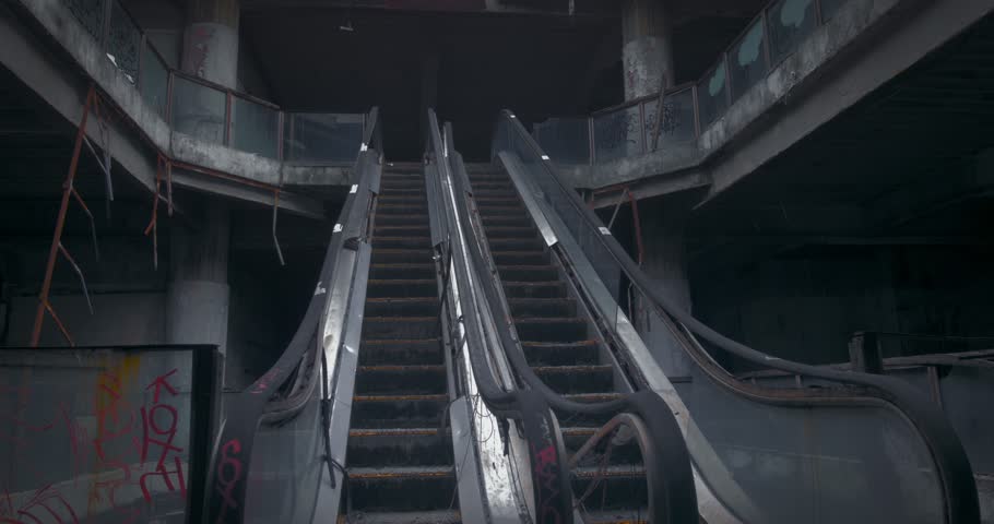 ruins destroyed abandoned building broken escalators Stock Footage ...