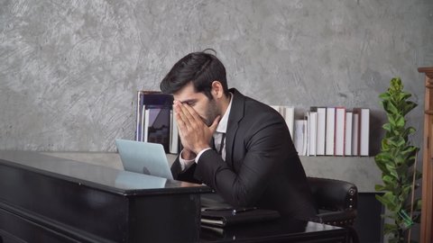 Tired Worried Businessman Workplace Office Holding Stock Photo ...