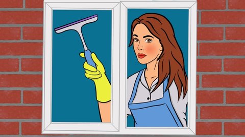 Animated Woman Cleaner Washes Window Uses Stock Footage Video (100% ...