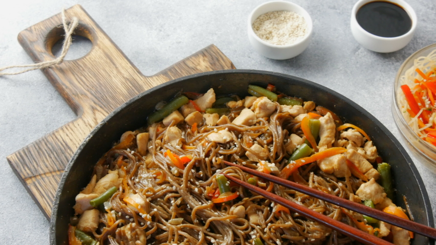 Japanese Soba Rice Noodles Pieces Chicken Stock Footage Video (100% ...