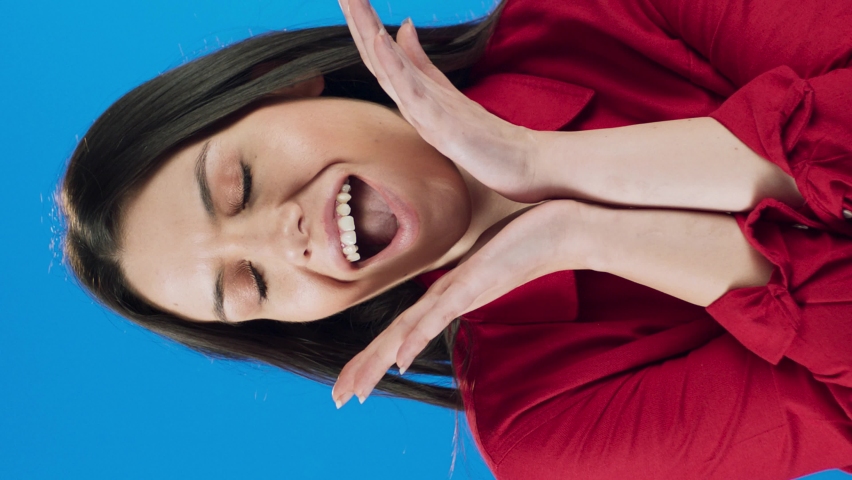 Woman Holds Cheeks Surprise Hand Beautiful Stock Footage Video (100% ...