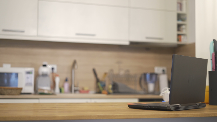 Closeup Laptop On Kitchen Counter Kitchen Stock Footage Video (100% ...