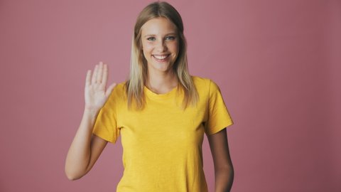 Beautiful Blonde Woman Doing Hello Gesture Stock Footage Video (100% ...