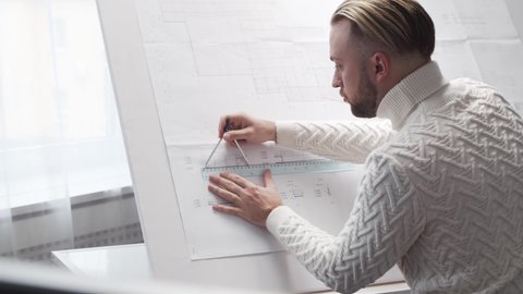 Concentrated Architect Works Loft Using Drawing Stock Footage Video ...