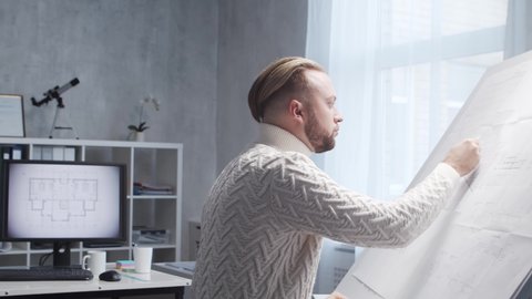 Concentrated Architect Works Loft Using Drawing Stock Footage Video ...