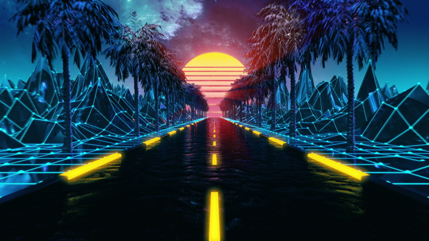 Stylized vintage 3D animation background sun and glowing stars. 80s ...