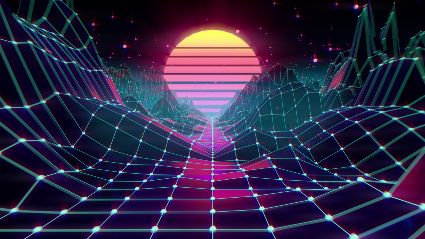 80s retro futuristic sci-fi seamless loop. Retrowave VJ videogame landscape, neon lights and low ...