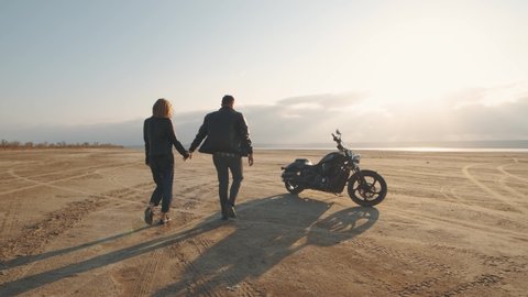 Passionate Couple Cuddling On Motorcycle Beach Stock Photo 1120951256 ...