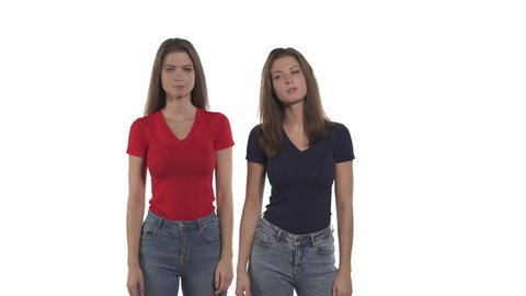 Portrait Smiling Caucasian Twin Sisters Shoving Stock Footage Video ...