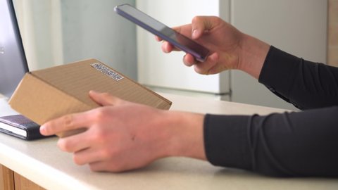 Attaching Qr Code Delivery Package Qr Stock Footage Video (100% Royalty ...