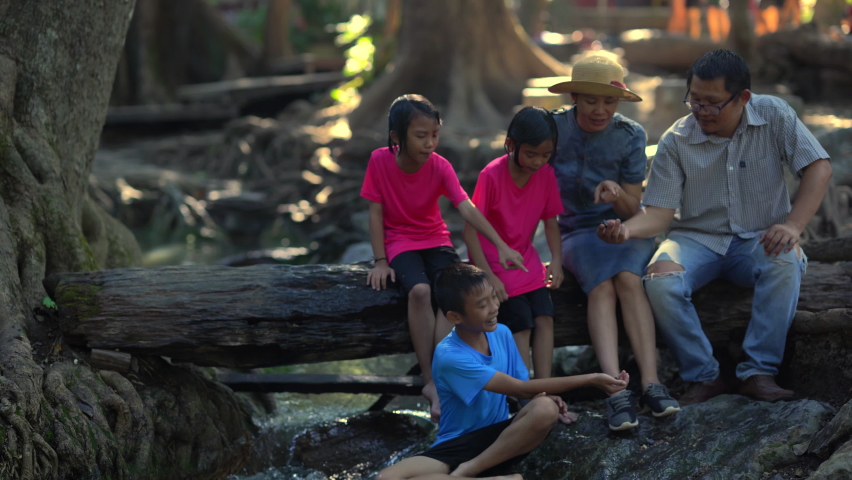 parents kids sitting on timber log Stock Footage Video (100% Royalty ...