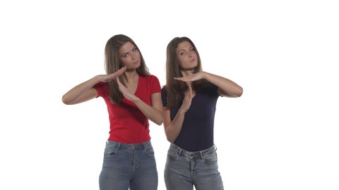 Portrait Caucasian Twin Sisters Showing Timeout Stock Footage Video ...