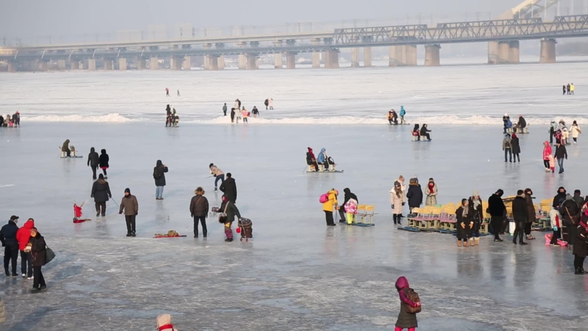 Harbin, China. Songhua River Becomes Stock Footage Video (100% Royalty ...