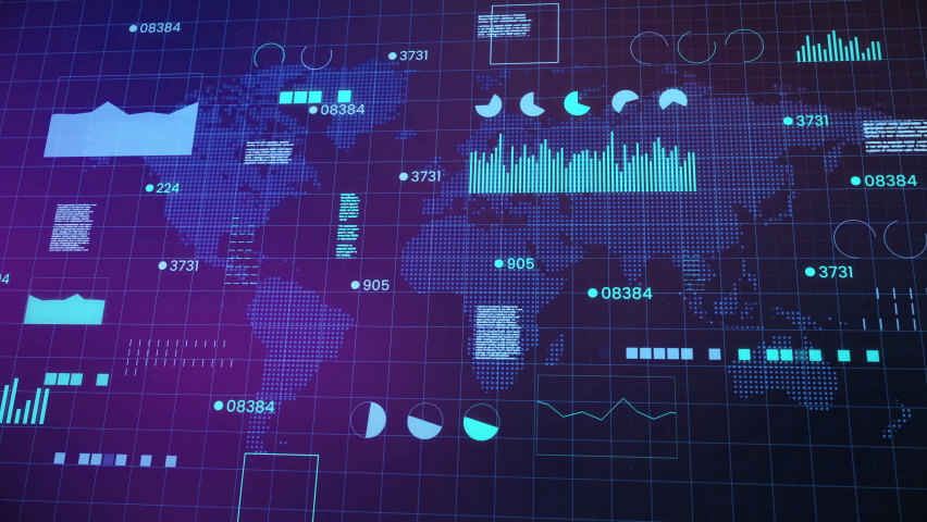 Animation of Hud interface display, Digital globe world map spinning with statistics graphs ...