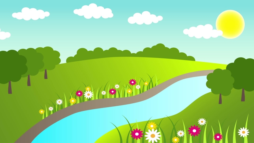 animated river rural landscape fluffy clouds Stock Footage Video (100% ...