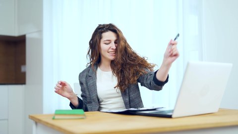 Happy Active Woman Dancing Laptop Desk Stock Footage Video (100% ...