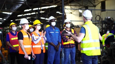 group factory workers wear protective face Stock Footage Video (100% ...