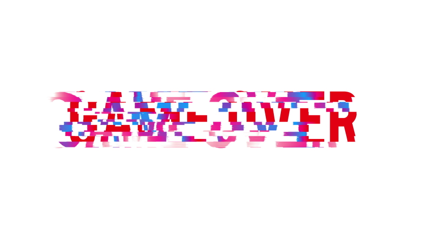 GAME OVER retro style video game screen with static glitch distortion ...