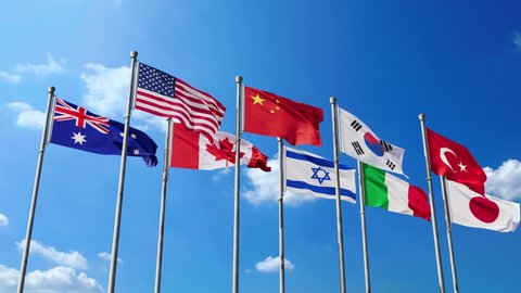 Multinational Flags Fluttering Wind Two Rows Stock Footage Video (100% ...