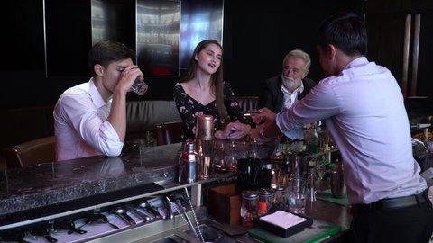 Cheers Bartender Standing Bar Counter Talking Stock Footage Video (100% ...